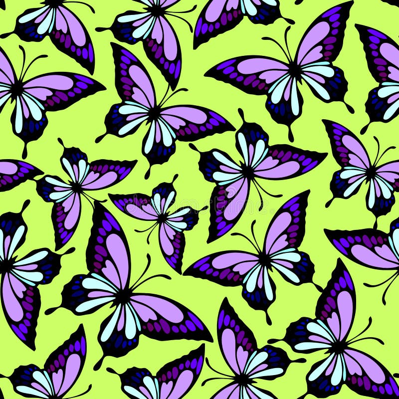 Seamless Pattern of Bright Butterflies in Purple Tones on a Light Green ...