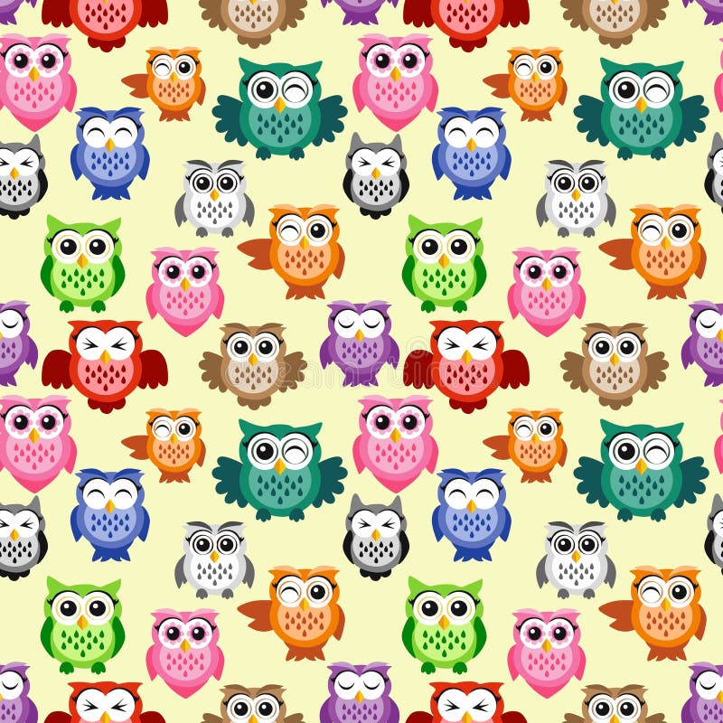 Seamless Pattern Bright Colorful Cute Owls On A Yellow Background Funny Bird Face With A