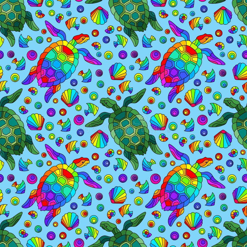 Seamless Illustration with Bright Geometric Turtles and Seashells ...