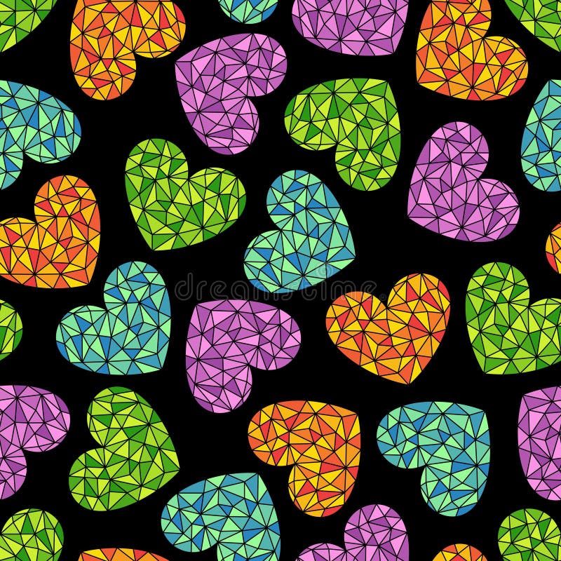 Seamless Pattern with Bright Multi-colored Polygonal Hearts on a Black ...