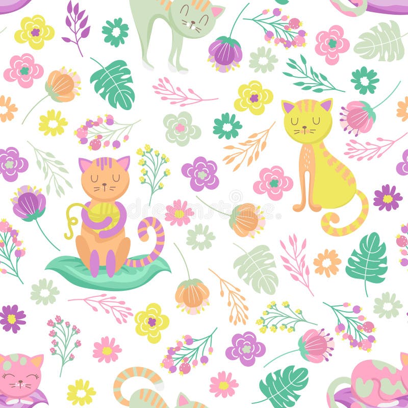 Seamless Pattern With Cute Cats Stock Vector Illustration Of Flower