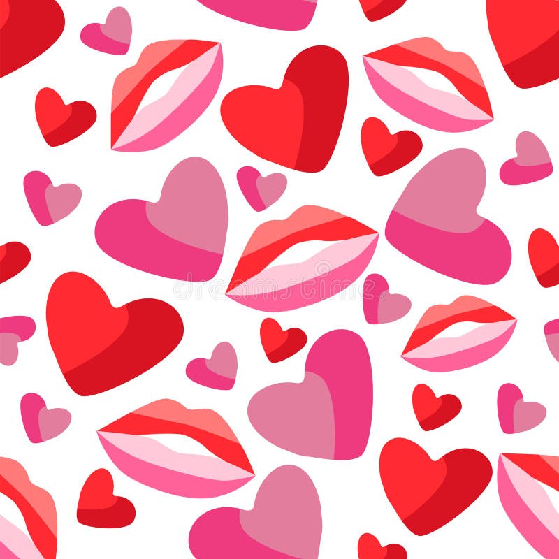 Seamless Pattern of Bright Pink Lips and Hearts Stock Vector ...