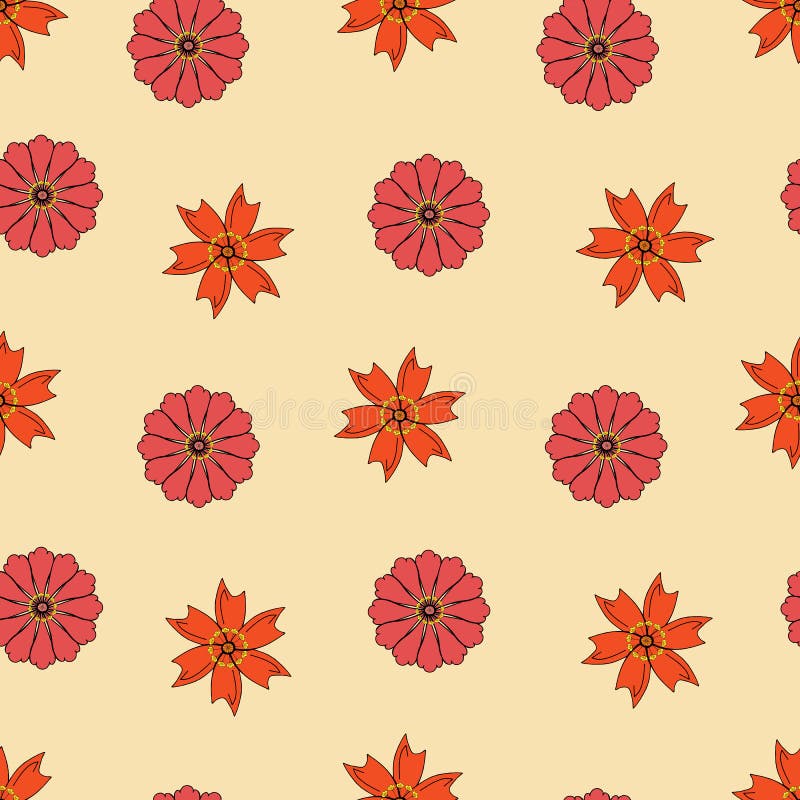 Seamless Pattern of Bright Red, Orange Stylized Flowers on a Light ...