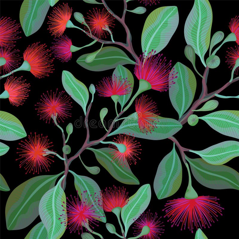 Seamless Pattern with Bright Red and Purple Fluffy Eucalyptus Flowers ...