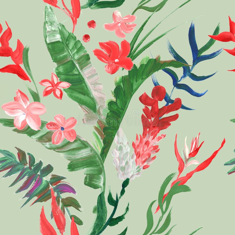 Seamless Pattern with Bright Red Tropical Flowers and Plants Stock ...