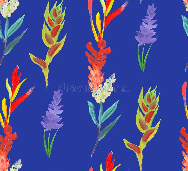Seamless Pattern with Bright Red Tropical Flowers and Plants for Summer ...