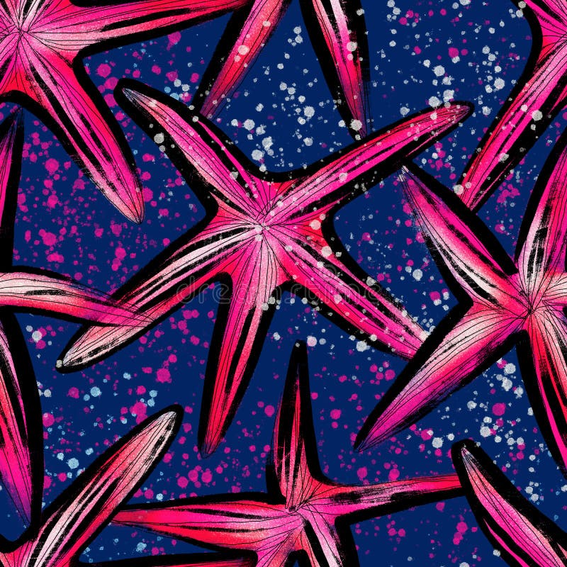 Seamless Pattern with Bright Starfish on Dark Blue Background Stock ...