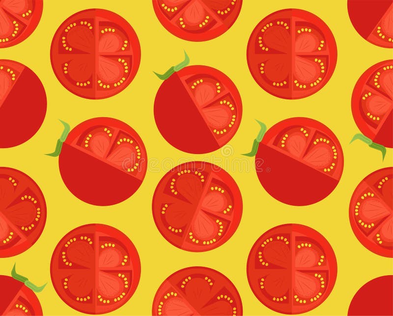 Seamless Pattern with Bright Tomato Slices and Leaves on a Colored ...