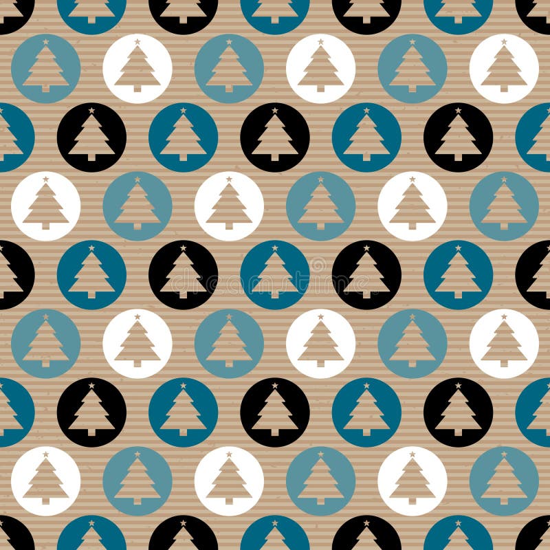 Seamless Pattern Brown Paper Circles Christmas Trees Blue Black White ...