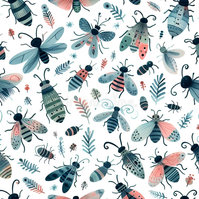 Seamless Pattern with Bugs on White Background. Stock Illustration - Illustration of watercolor ...