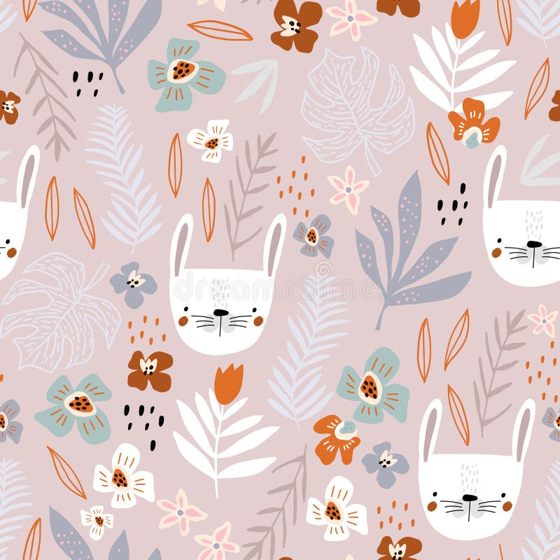 Seamless Pattern with Bunny Faces and Floral Elements. Creative ...