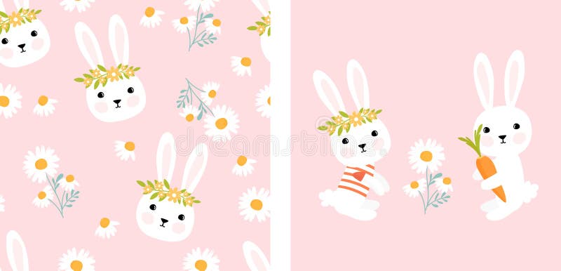 Seamless Pattern with Bunny Rabbit Cartoons and Cute Camomile Vector ...