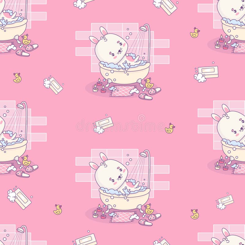 Seamless Pattern With Bunny Rests In Bubble Bath In Bathroom On Pink