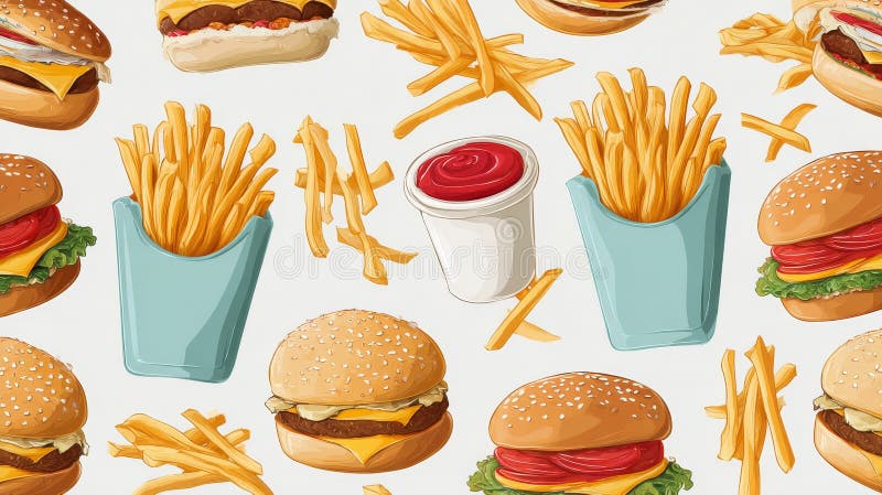 Seamless Pattern of Burgers, Fries, and Soda on White Background Stock ...