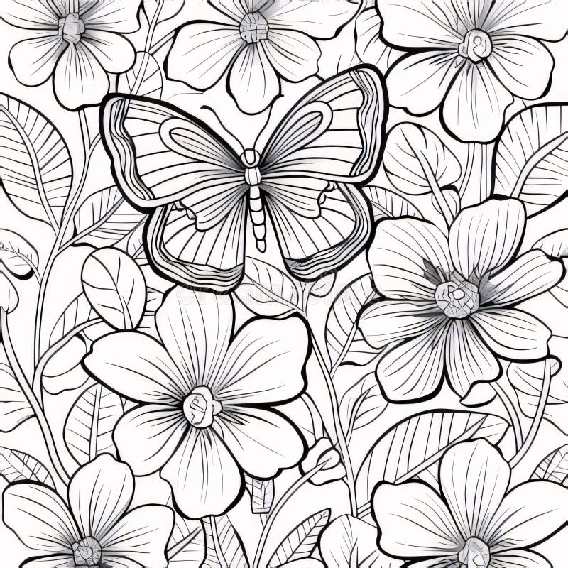 Seamless Pattern with Butterflies and Flowers. Black and White Vector ...