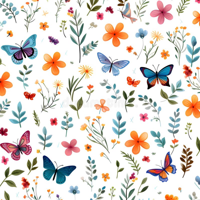 Seamless Pattern with Butterflies, Flowers and Leaves. Vector ...