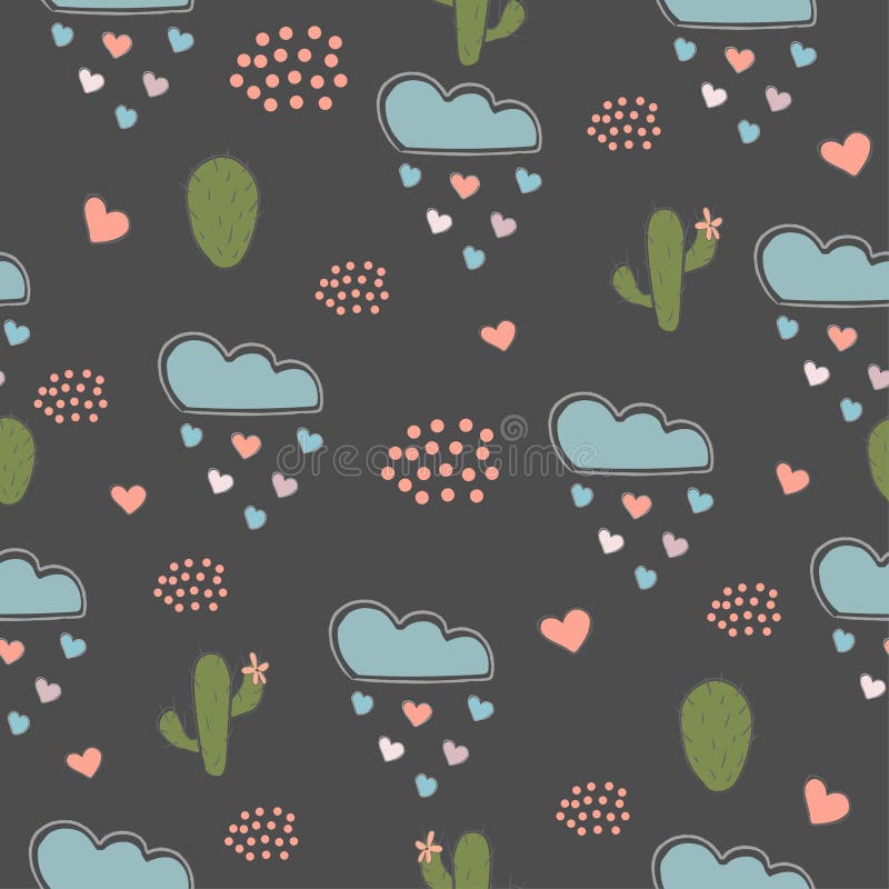 Seamless Pattern with Cacti, Hearts and Clouds Raining with Hearts Stock Illustration ...
