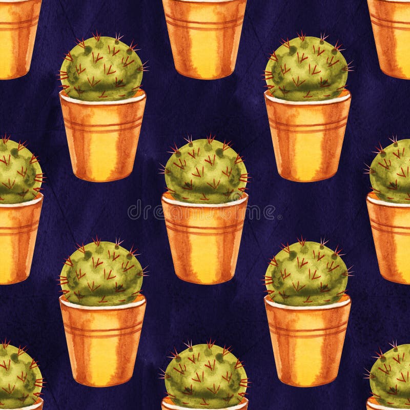 Seamless Pattern of Cacti in Pots, Illustration in Vintage Style. Stock ...
