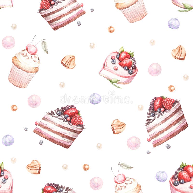 Seamless Pattern with Cakes. Hand Draw Watercolor Illustration Stock ...