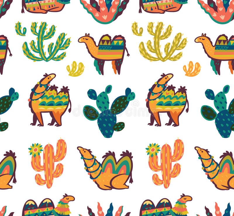 Seamless Pattern of Camels and Cactuses in Decorative Style. Vector Illustration Stock Vector ...