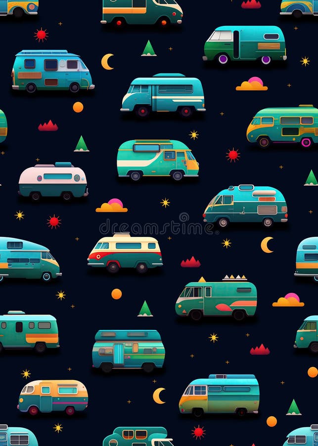 Seamless Pattern with Camper Vans and Camping Trailers in Blue ...