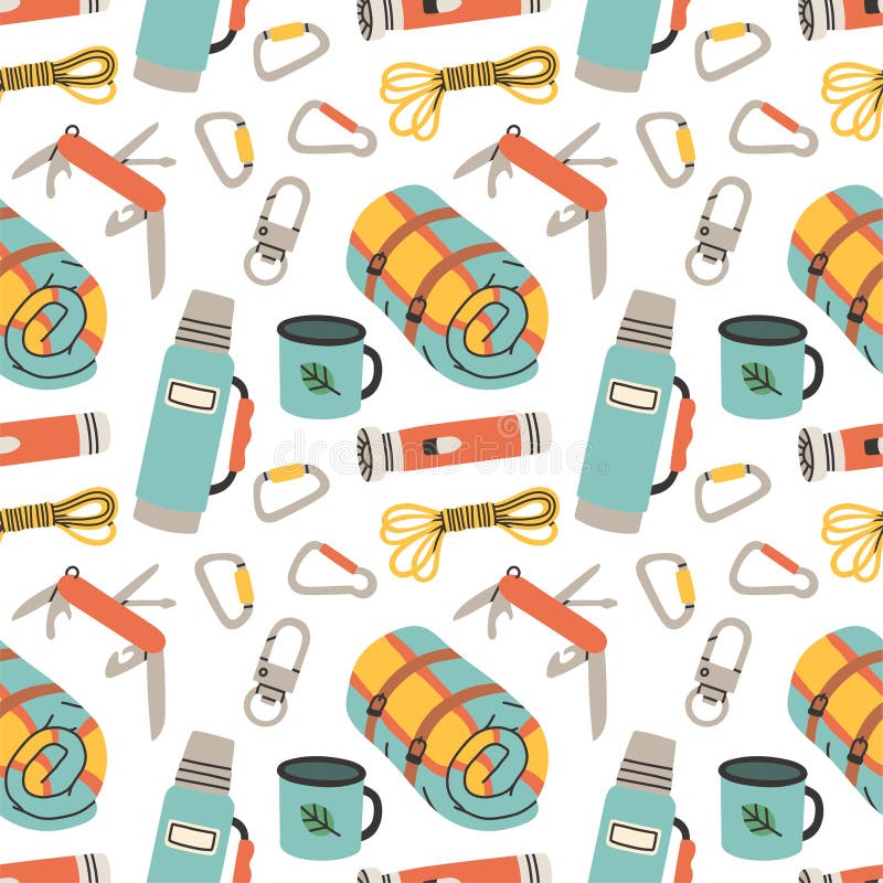 Seamless Pattern with Camping Elements on White Background. Colorful ...