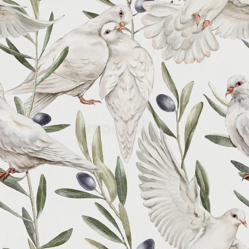 Seamless Pattern with White Pigeons Hand-drawn Painted in Watercolor ...