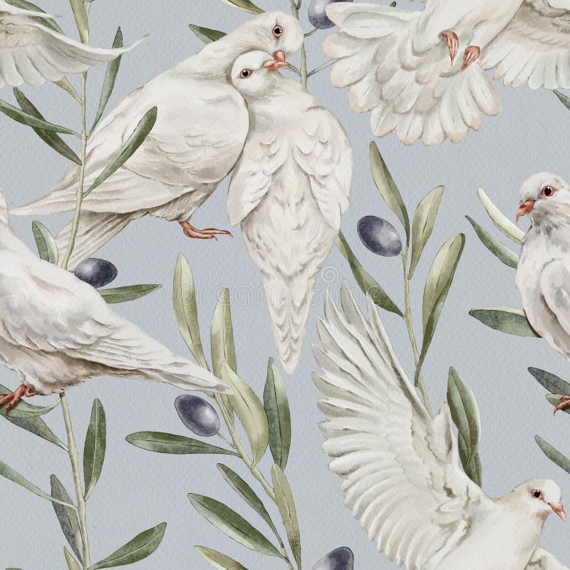 Seamless Pattern with White Pigeons Hand-drawn Painted in Watercolor ...