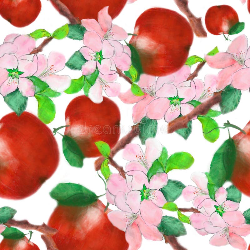 Seamless Pattern with Caramel Apples and Apple Tree Branch Stock ...