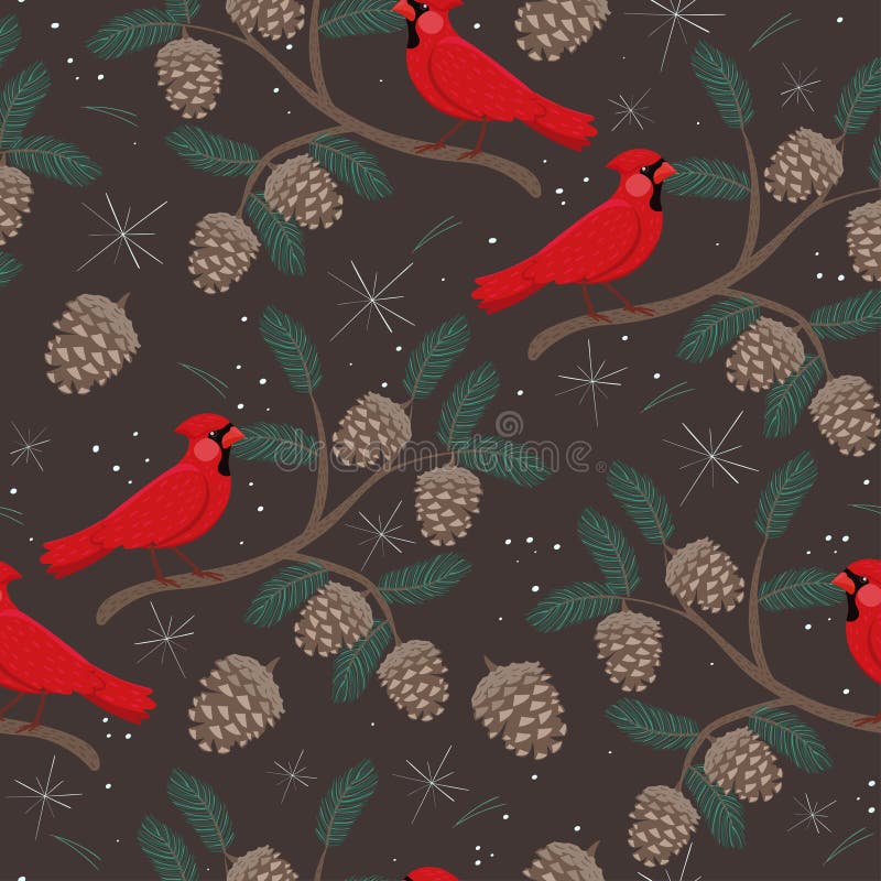 Red Cardinal Birds Seamless Pattern in Winter Forest Stock Illustration ...