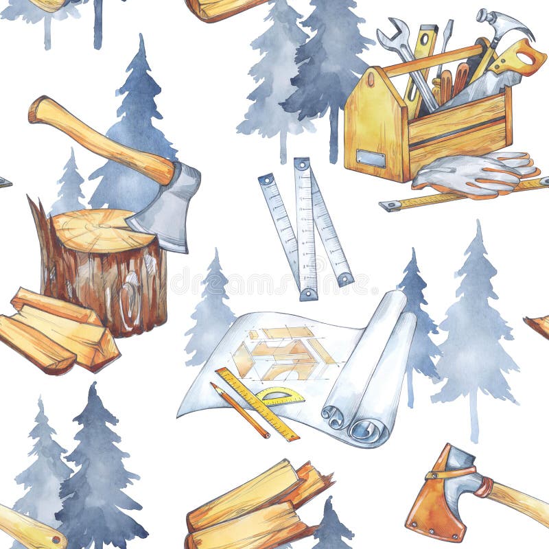 Seamless Pattern with Carpentry Tools. Watercolor Axe, Roulette ...