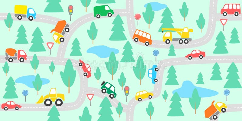 Seamless Pattern Cars and Road. Cartoon Background for Kids. Vector ...
