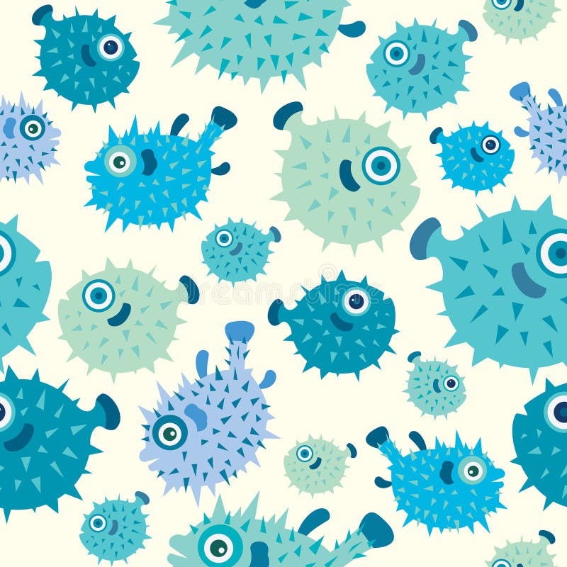 Seamless Pattern with Cartoon Balloonfish. Stock Vector - Illustration ...