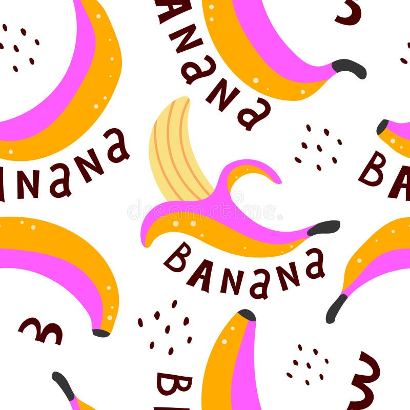 Seamless Pattern with Cartoon Bananas, Lettering, Decor Elements ...