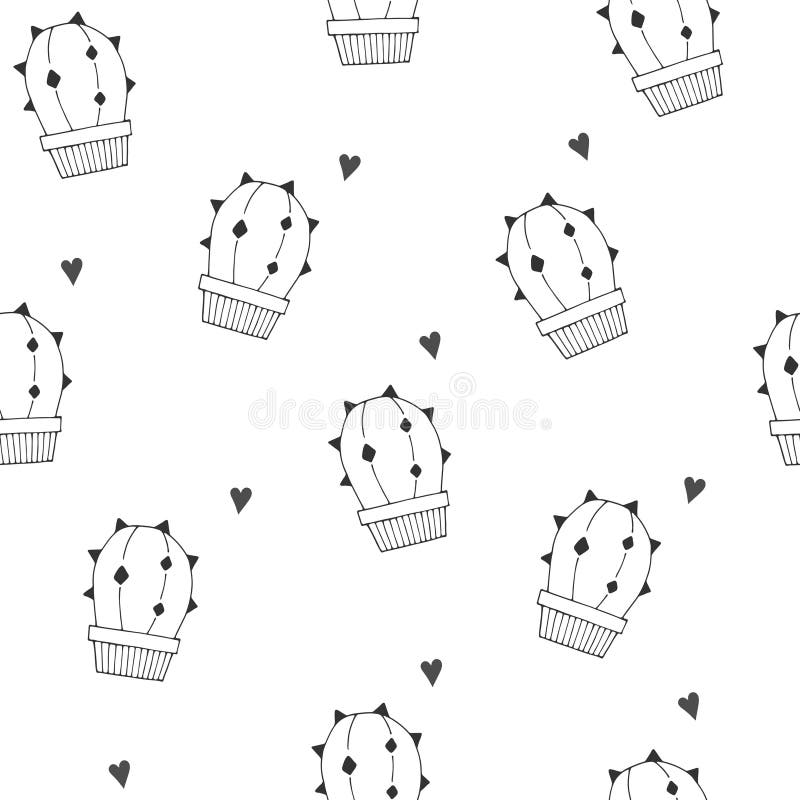 Seamless Pattern with Cartoon Cacti Outlines, Hearts. Vector. Plants ...