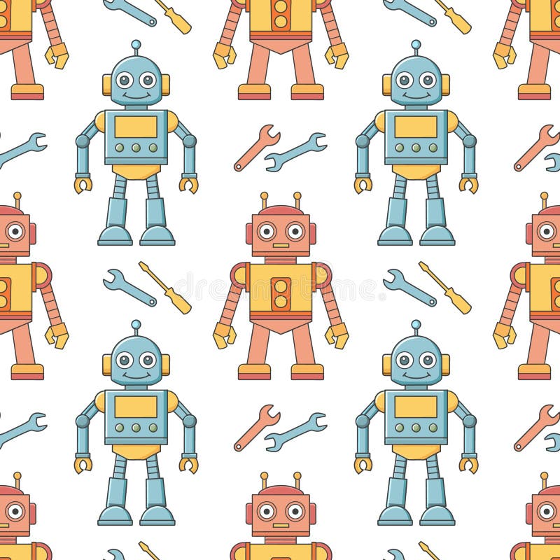 Seamless Pattern of Cartoon Characters Robots and Droids. Background ...