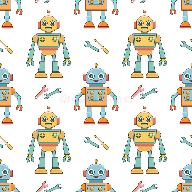Seamless Pattern of Cartoon Characters Robots and Droids. Background ...