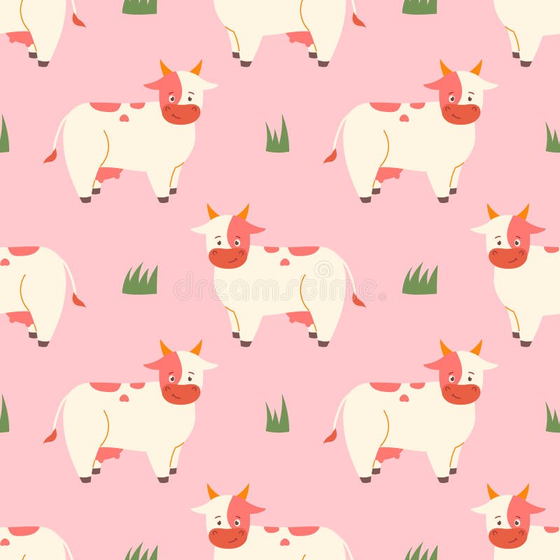 Seamless Pattern with Cartoon Cows on Pink Background Stock Vector - Illustration of cute, farm ...