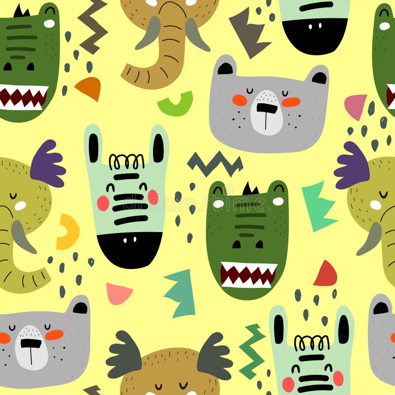 Seamless Pattern with Cartoon Cute Animals, Decor Elements on a Neutral ...