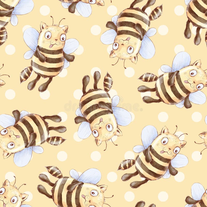 Seamless Pattern of Cartoon Cute Bee Cats. Watercolor Illustration ...