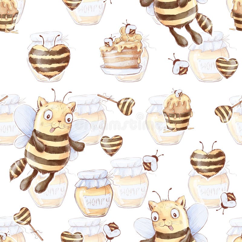 Seamless Pattern of Cartoon Cute Bee Cats. Watercolor Illustration ...