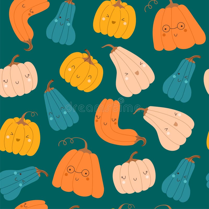 Seamless Pattern Cartoon Cute Pumpkins. Autumn Thanksgiving and Halloween Pumpkins. Vector ...