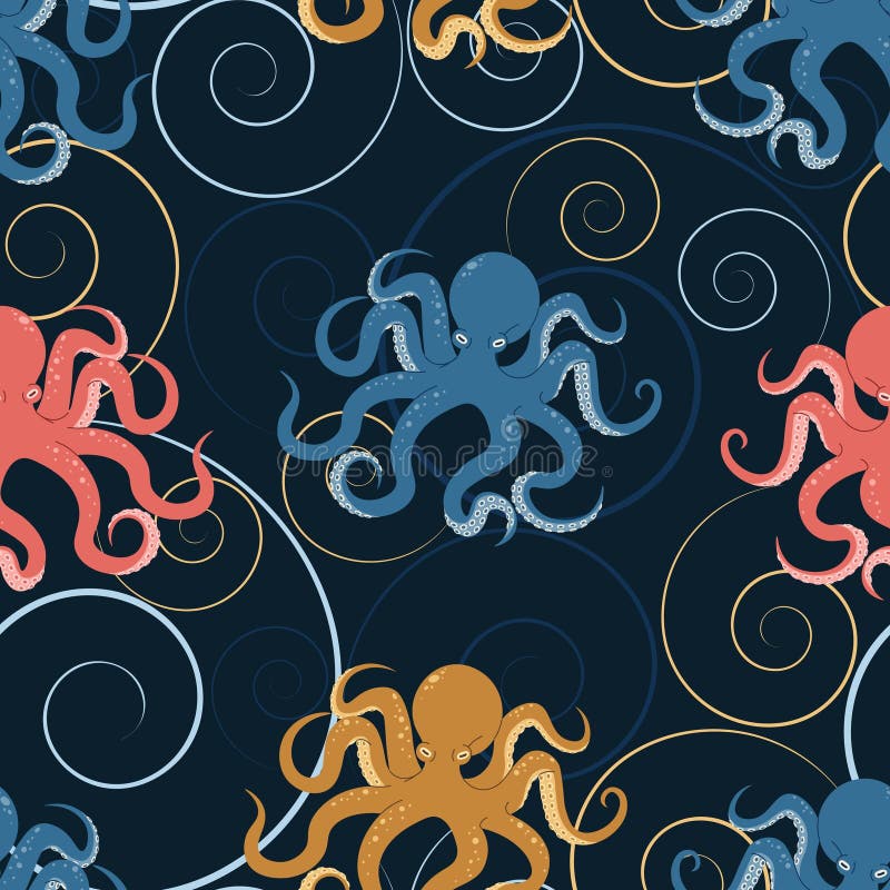 Seamless Pattern with Cartoon Doodle Octopus. Background with Sea ...