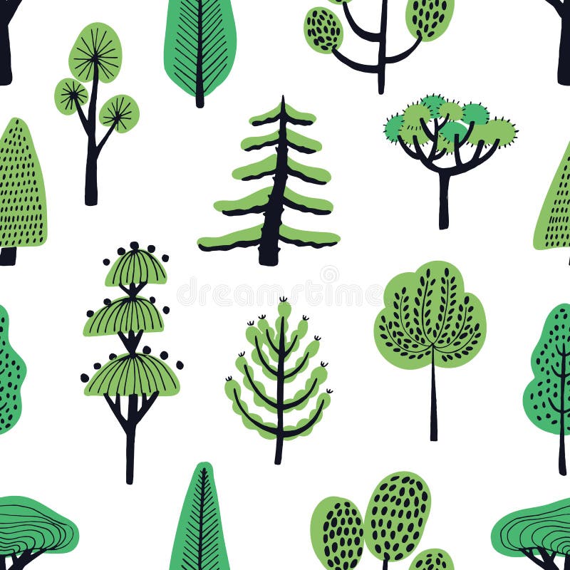 Seamless Pattern with Cartoon Doodle Trees. Beautiful Hand Drawn ...