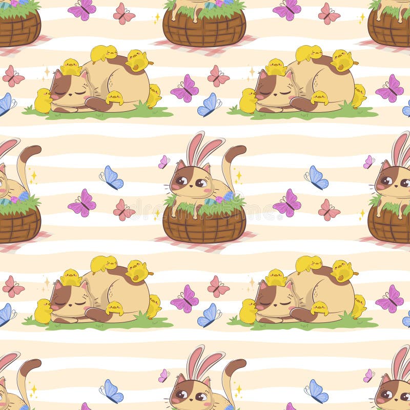Seamless Pattern with Cartoon Easter Cat with Bunny Ears and Chickens ...