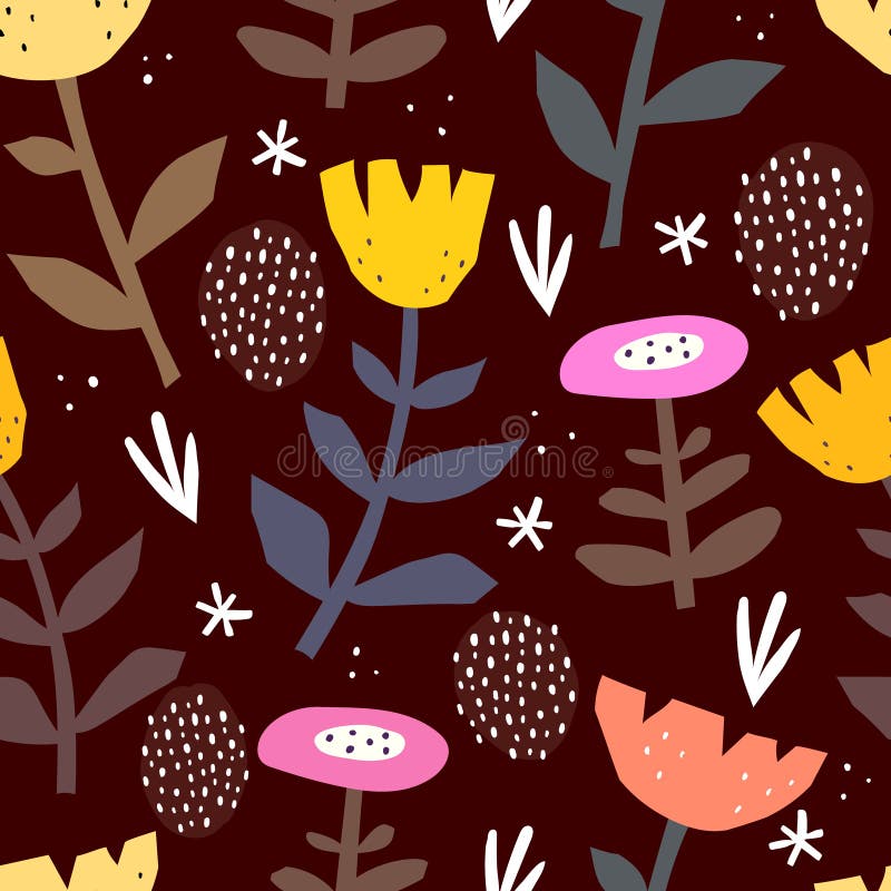 Seamless Pattern with Cartoon Flowers, Decor Elements on a Neutral ...