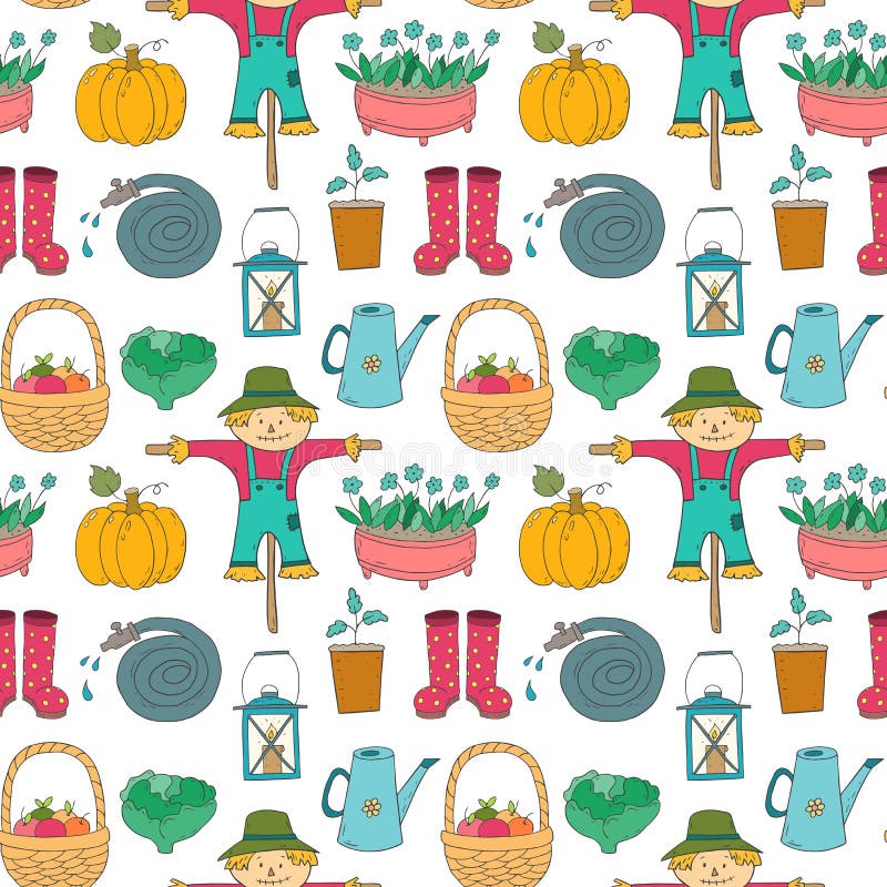 Seamless Pattern with Cartoon Gardening Items Stock Illustration ...