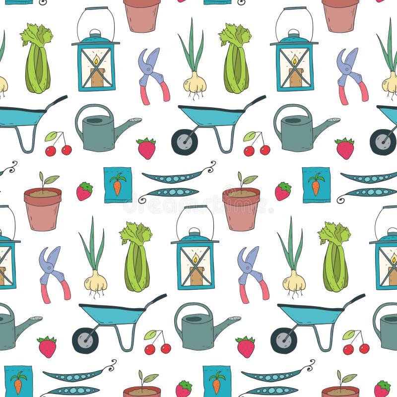Seamless Pattern with Cartoon Gardening Items Stock Illustration ...