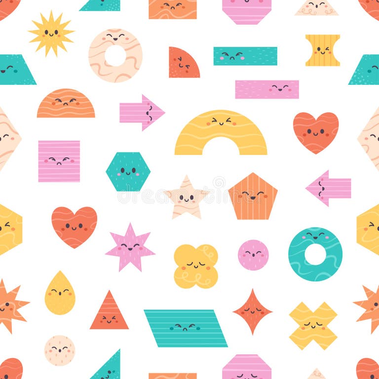 Seamless Pattern with Cartoon Geometric Shapes Characters. Basic ...