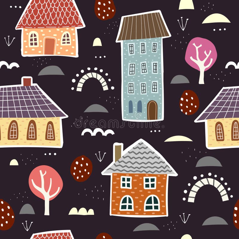Seamless Pattern with Cartoon Houses, Trees, Decor Elements on a ...